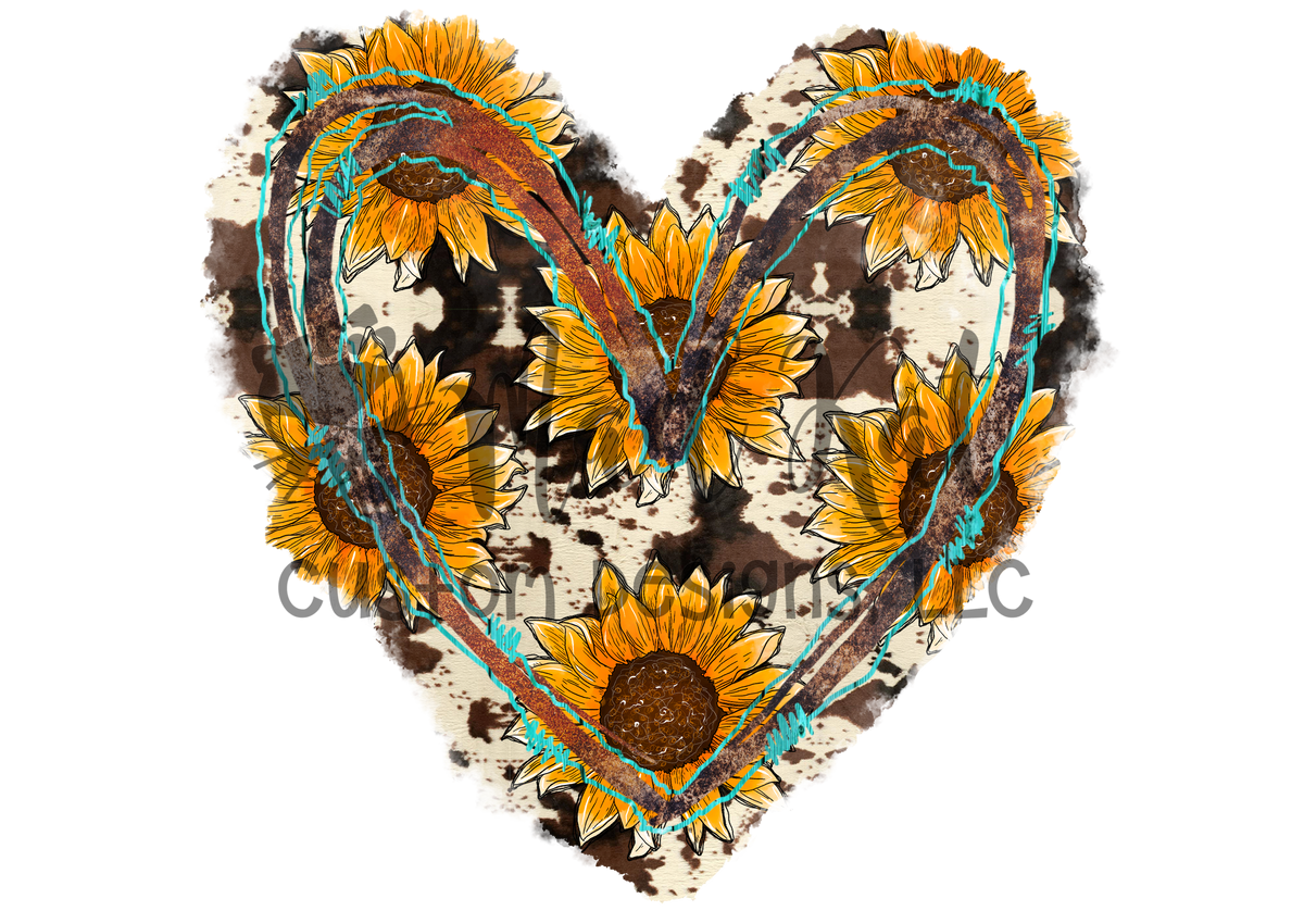 Cowhide Sunflower Heart HTV transfer – Mad Kat Custom Designs, LLC