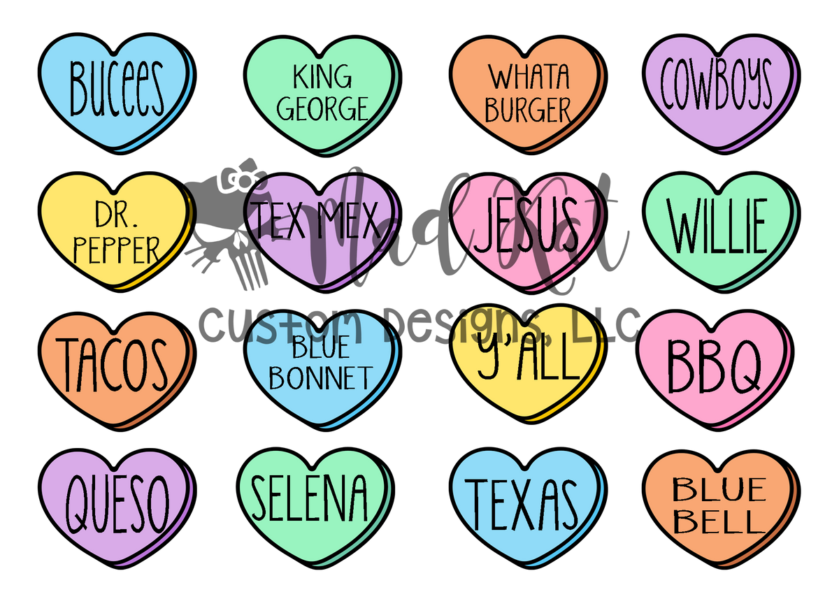 Texas Conversation Hearts Sublimation Transfer – Mad Kat Custom Designs ...